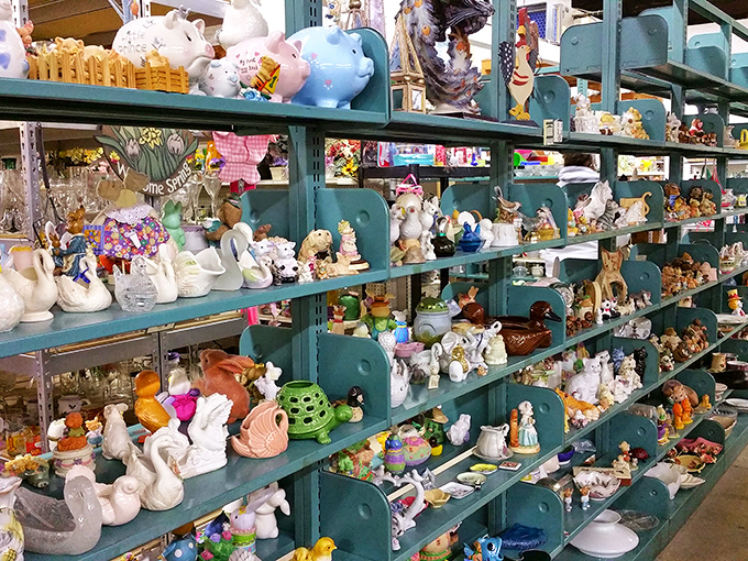 The figurine section: where ceramic animals, forgotten souvenirs, and collectibles find new homes. Someone's grandmother's treasure awaits your shelf.