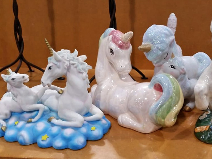 Magical unicorn figurines await adoption at the outlet. In the world of secondhand shopping, yesterday's knickknacks become tomorrow's ironic shelf decor.
