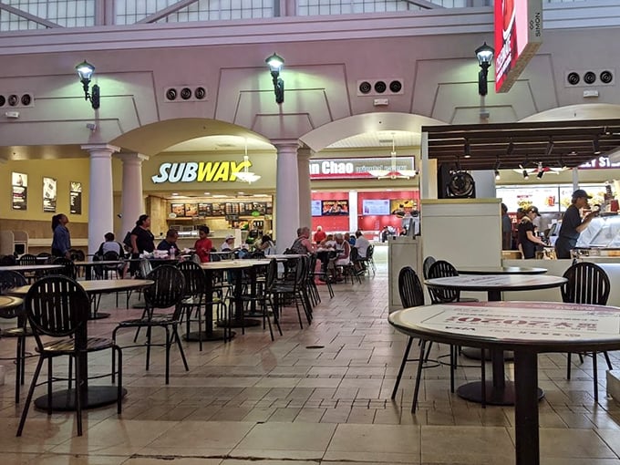 The food court – where hungry shoppers refuel before the second wave of retail assault, with options beyond the usual mall fare.