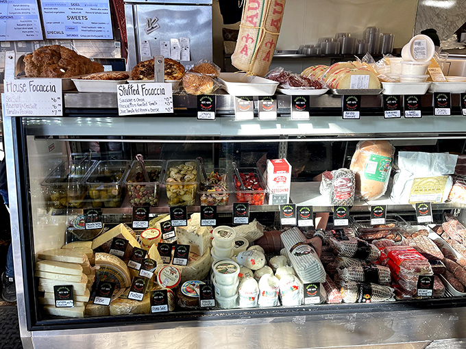 A display case that whispers sweet nothings about focaccia and other Italian treats to passing customers.