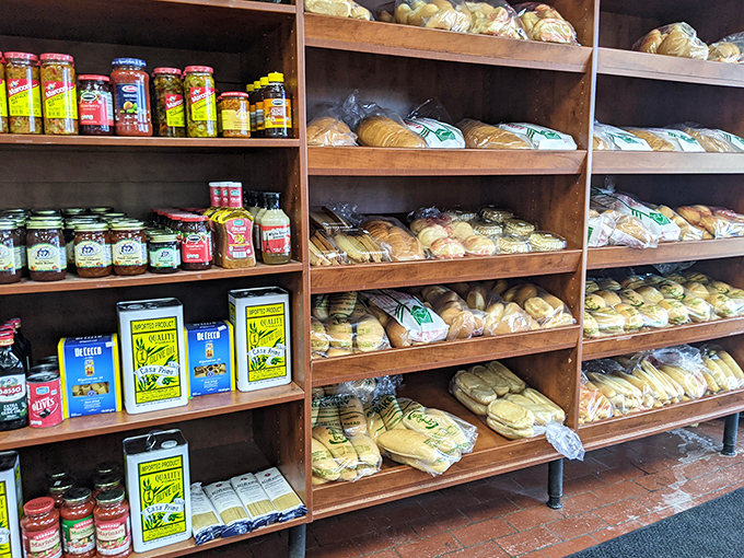 A temple to carbohydrates where Italian imports meet freshly baked breads. This shelf is what heaven looks like to any respectable foodie.