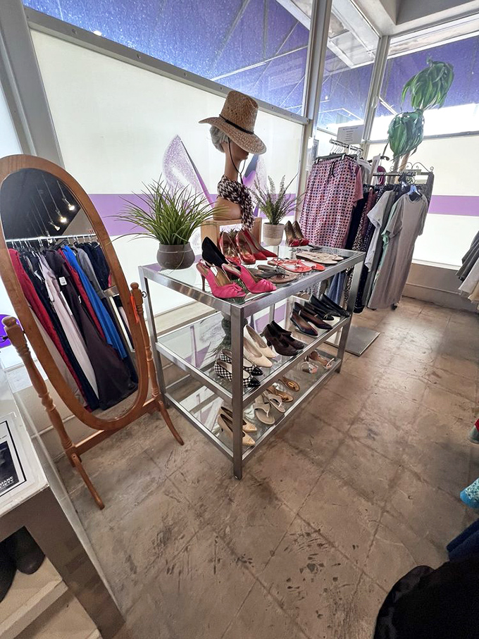 The shoe display transforms footwear into art installations, proving that yesterday's fashion can still strut its stuff today.