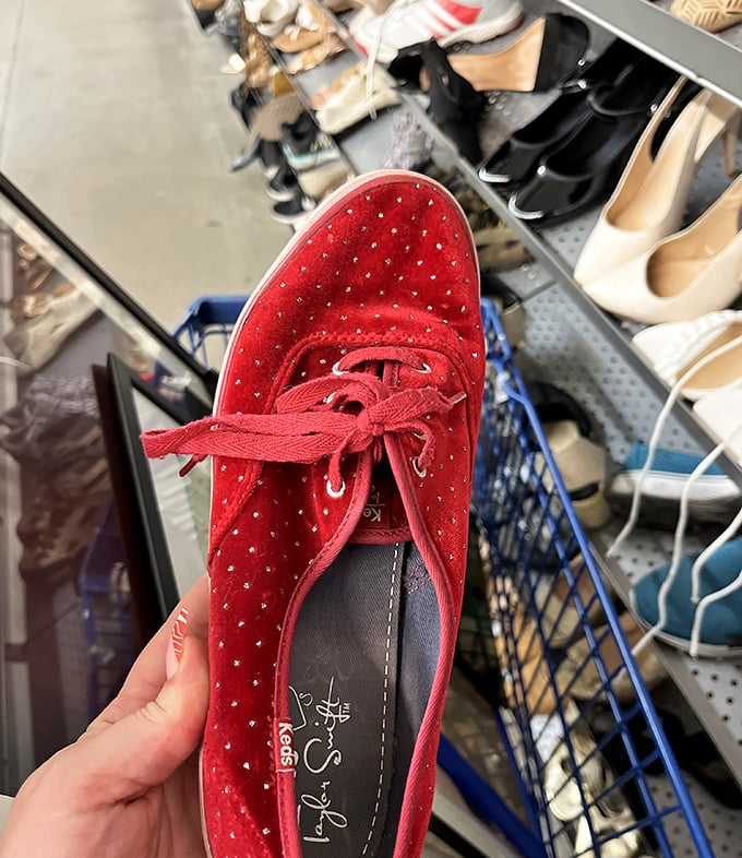 Ruby red shoes with polka dots whisper, "There's no place like a good deal." Dorothy would have clicked these heels all the way home.