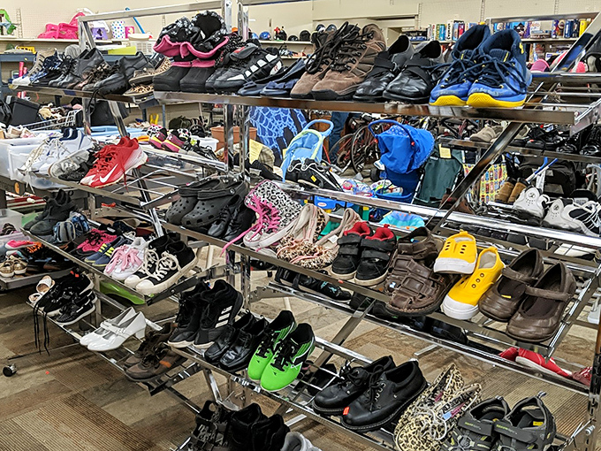 The footwear section resembles a shoe store without the markup. From practical work boots to dancing shoes, your next favorite pair is hiding here.