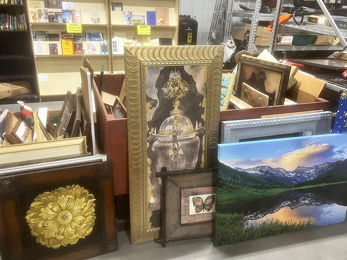 An art collection that spans from "grandma's formal living room" to "college dorm philosophical phase." That mountain landscape is calling someone home.