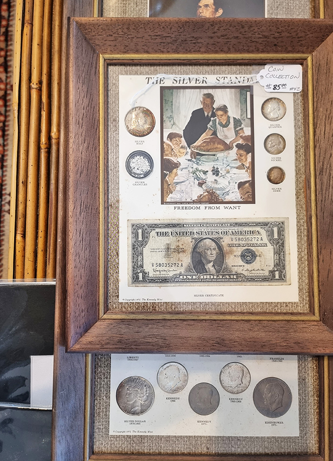 Norman Rockwell's "Freedom from Want" paired with silver dollars – American nostalgia at its finest.