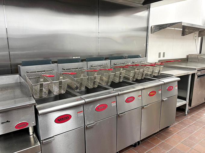 The battalion of fryers stands ready for action. This is where the magic happens&mdash;where fresh seafood transforms into golden coastal treasures.