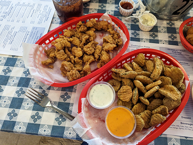 Red baskets of crispy goodness with dipping sauces standing by. Calories don't count when they're this delicious.