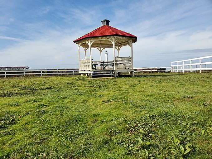 This charming gazebo offers a moment of contemplation with your coffee, framing the lighthouse against the vast Pacific backdrop.