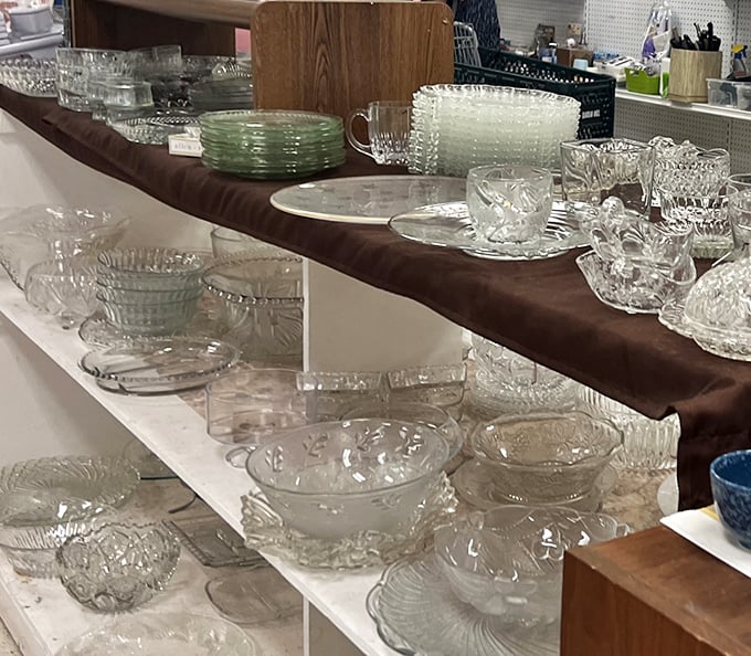 Crystal and glassware that would make your grandmother swoon, arranged like a museum exhibit where you can actually take the artifacts home.