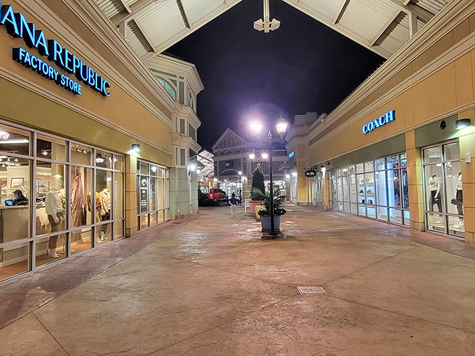 Evening shopping takes on a magical quality as the outdoor walkways transform into a softly lit retail wonderland.