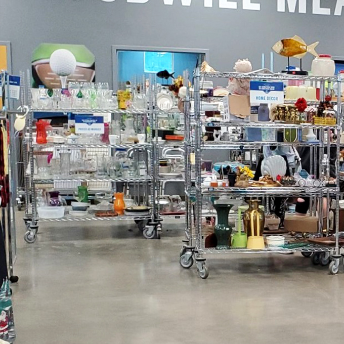 The home decor section resembles an archaeological dig through America's decorating phases&mdash;each shelf a different era, each item a conversation starter.