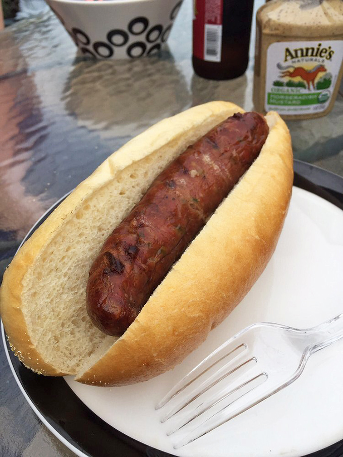 Sometimes simplicity wins: a perfectly smoked sausage nestled in a fresh roll, waiting only for your choice of condiments.