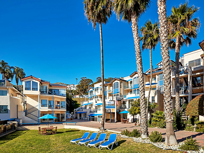 Mediterranean-style villas cascade down the hillside, creating a coastal village that feels more European vacation than Southern California getaway.