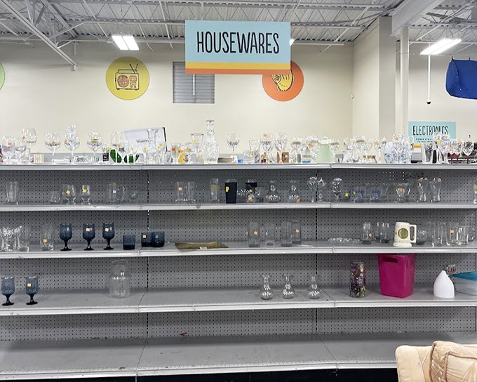 The glassware section sparkles under fluorescent lights&mdash;wine glasses and goblets that have toasted countless celebrations now await yours.