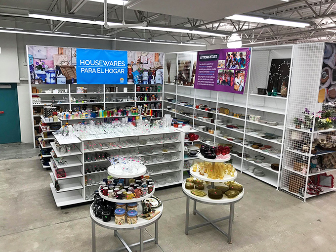 Mugs, glasses, and serving pieces create a domestic kaleidoscope, each piece waiting for the right shopper to complete their kitchen puzzle.