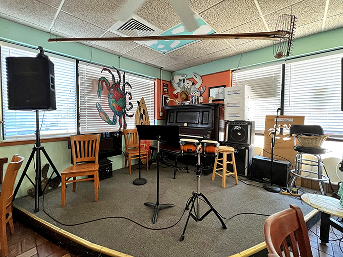 Even the stage area promises entertainment beyond the plate. Because great seafood deserves its own soundtrack.