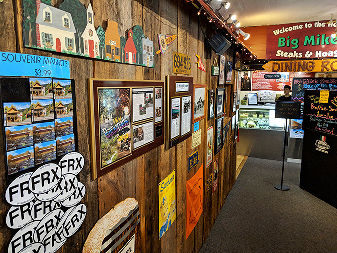 Memorabilia lines wooden walls while FRX stickers hint at local adventures. Like dining in your cool uncle's cabin&mdash;if he could cook like a wizard.