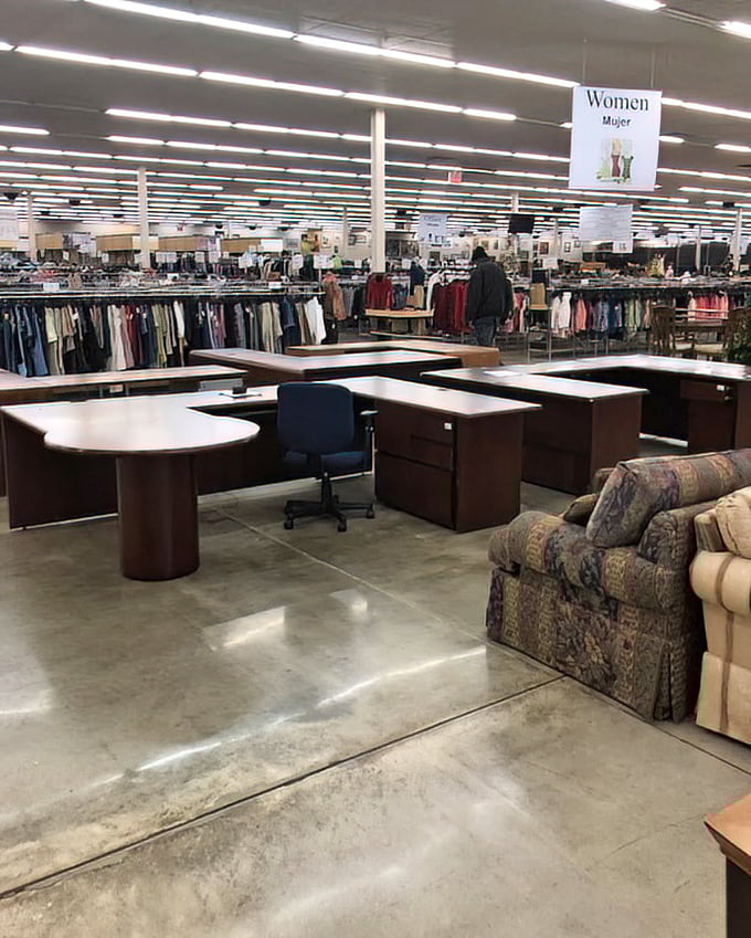 The women's clothing section beckons beyond rows of desks &ndash; a retail mullet with business in front, fashion in the back.