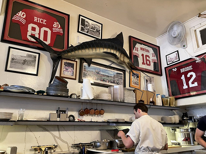 Sports memorabilia and a mounted fish watch over the kitchen &ndash; proof that great seafood and local pride go together like sourdough and butter.