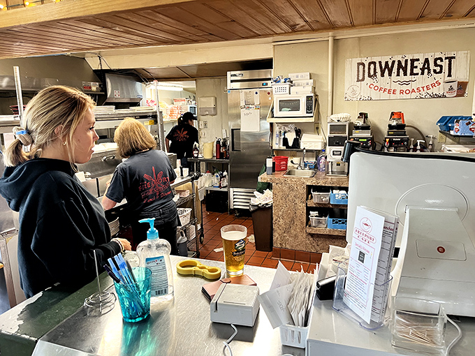 Behind the scenes where the magic happens. Downeast Coffee Roasters sign hints at the locally-sourced philosophy that makes Maine dining special.