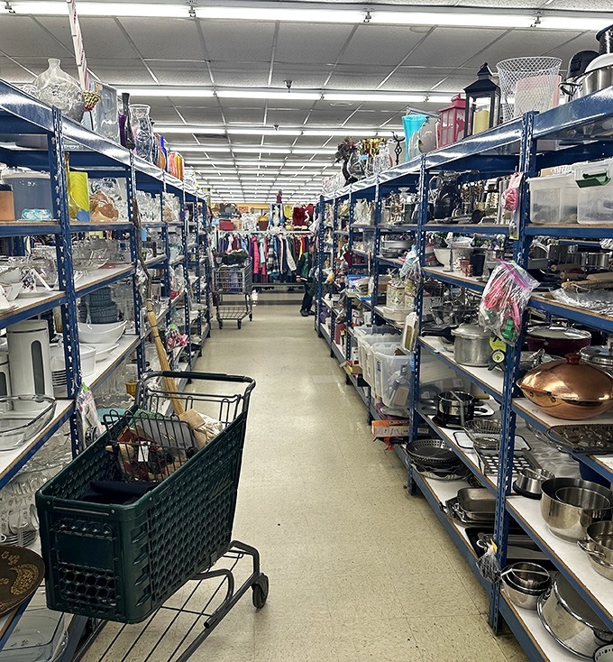 The kitchenware aisle: where serious cooks and nostalgia hunters converge, searching for that perfect cast iron pan with history. 