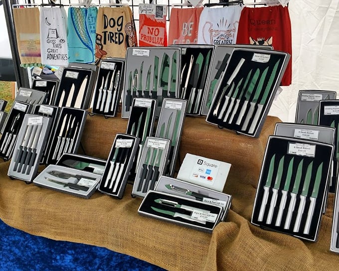 Knife sets arranged with surgical precision, promising kitchen upgrades and the satisfaction of finally owning tools that actually slice through tomatoes properly.