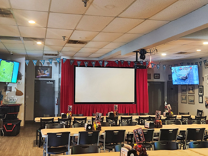 With a projection screen this size, you can watch the game while simultaneously maintaining eye contact with your rack of ribs.