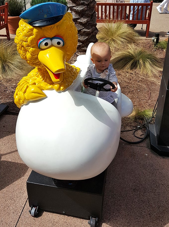 Big Bird's fashionable cousin offers rides to tiny shoppers, proving that Carlsbad Premium Outlets knows retail therapy should start at any age.