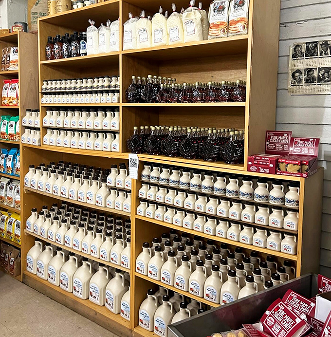 Maple syrup bottles standing at attention like sweet soldiers. In Ohio, this liquid gold deserves the respect of its own dedicated shelf space.