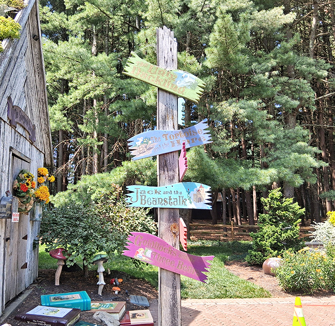 Fairytale signpost pointing the way to imaginary realms&mdash;because in a garden this magical, Wonderland and Neverland seem just around the corner.
