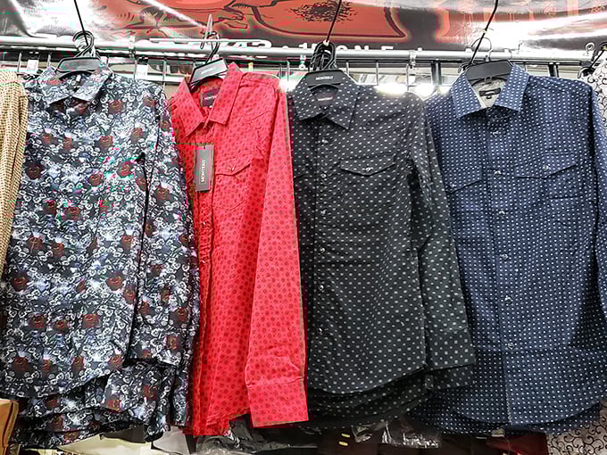 The shirt wall&mdash;where patterns dare to dream and solids fear to tread. Business casual meets weekend warrior in fabric form.