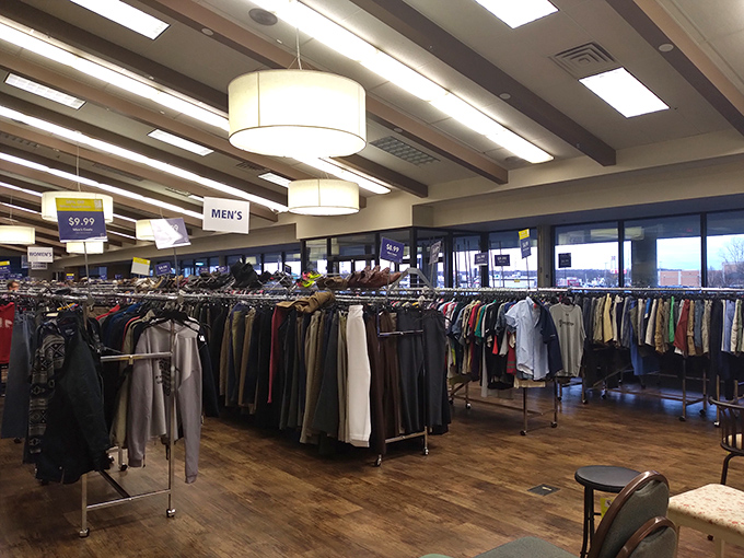 The men's department stands organized and ready, where yesterday's business casual becomes tomorrow's "this old thing? had it for years!"