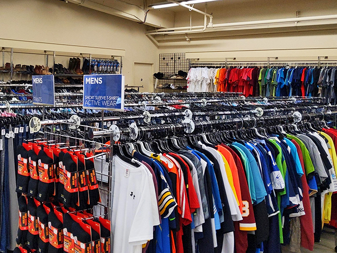 The men's department: color-coded for the fashion-challenged and organized for the bargain-savvy. Even reluctant shoppers find joy in these racks.