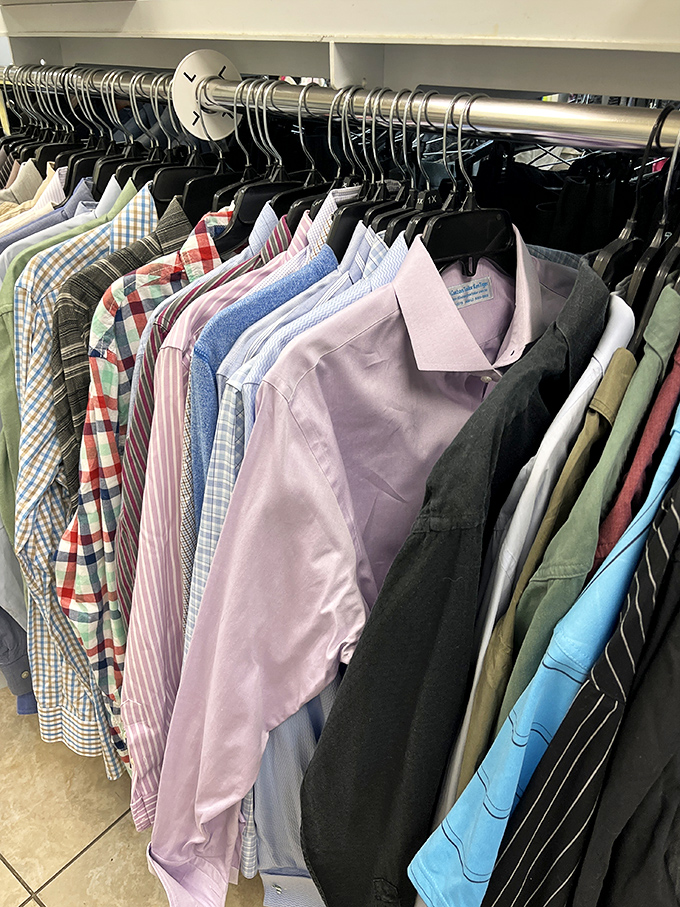 The men's shirt section: a rainbow of business casual possibilities. That pale pink oxford is just begging for a second chance at life.
