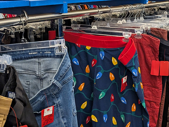 The clothing racks: where holiday-themed pants and designer jeans live in democratic harmony. That Christmas light pattern is calling your name!