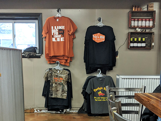Pauly's merch wall &ndash; because sometimes wearing your BBQ loyalty on your sleeve (or chest) just makes sense.