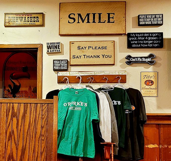 The wall of witty signs and branded merchandise tells you everything you need to know about O'Rorke's personality &ndash; come for the food, stay for the humor.