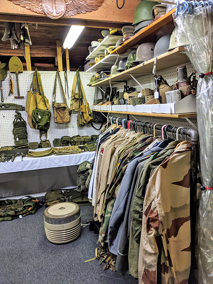 Military surplus gear stands at attention, ready for duty in someone's camping adventure.