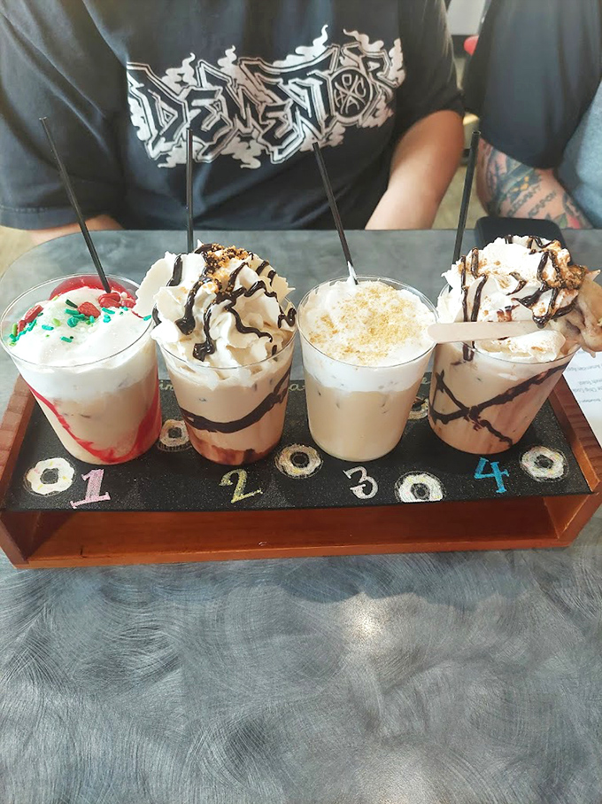 Milkshake flights—because choosing just one flavor is cruel and unusual punishment. These frothy masterpieces prove that indecision can sometimes be the best decision.