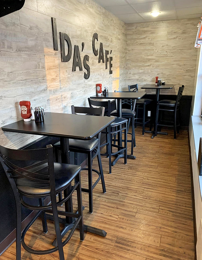 Modern rustic meets comfort at Ida's, where the textured wall adds character and every table feels like the best seat in the house.