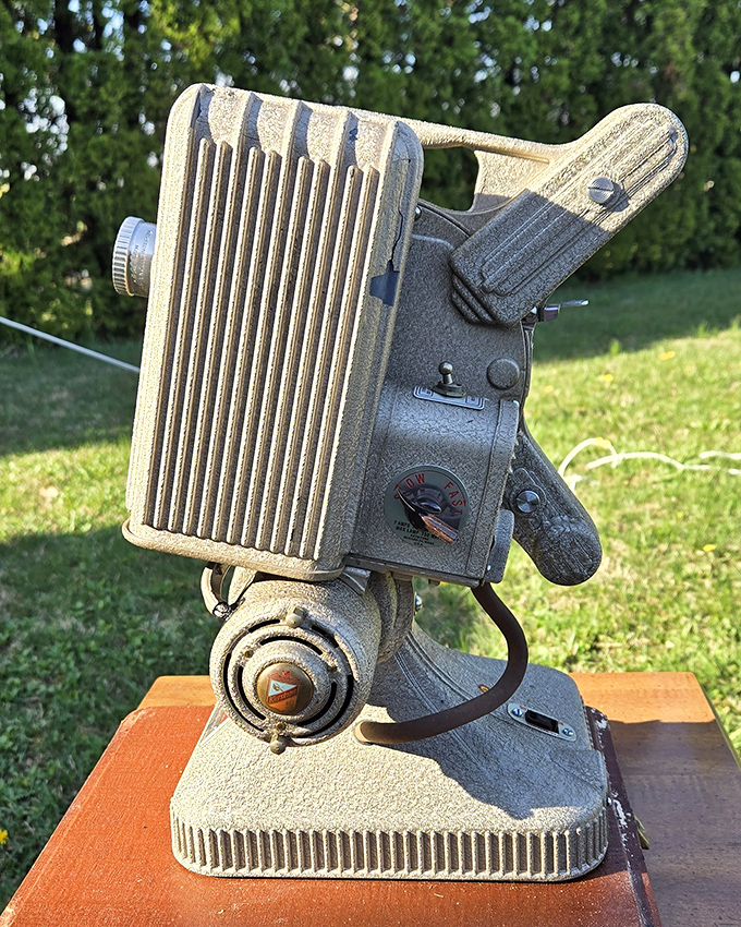 This vintage projector once beamed classics onto the screen, a mechanical marvel from Hollywood's golden age.