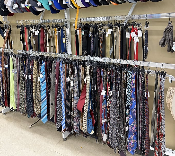 The necktie section – a hanging garden of silk patterns where former power ties and wedding accessories await their next special occasion.