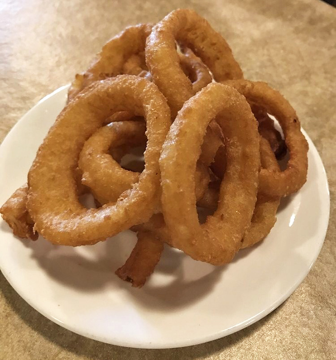 These onion rings achieve that perfect balance: crispy exterior, sweet tender interior, absolutely zero regrets about ordering them.