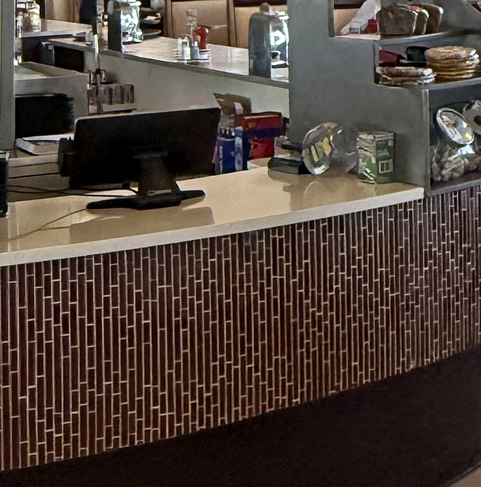 The counter where diner dreams come true, complete with that distinctive mid-century pattern that screams "good eats ahead."