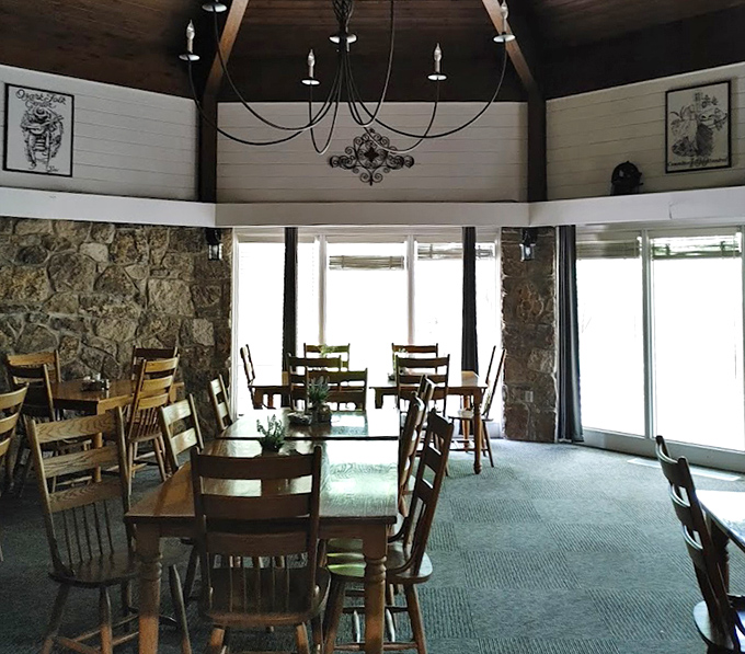 Stone walls and wooden chairs create a dining room that feels like an extension of the mountains themselves. No wonder conversations flow so easily here.