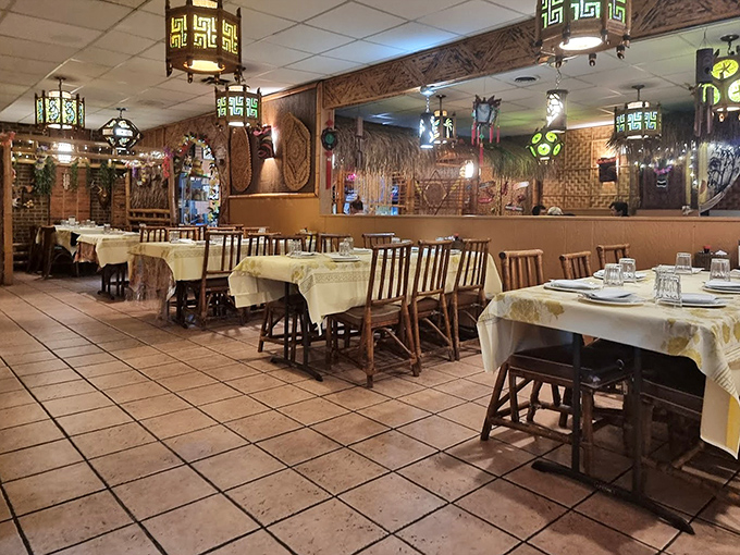 The dining room feels like your eccentric uncle's basement tiki bar—if your uncle were a professional decorator with impeccable taste in Chinese lanterns.