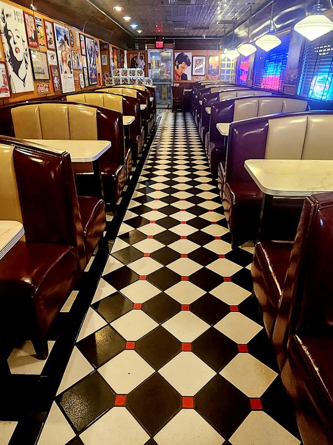The checkered floor pattern leads you past walls covered in nostalgia toward a counter full of delicious possibilities ahead.