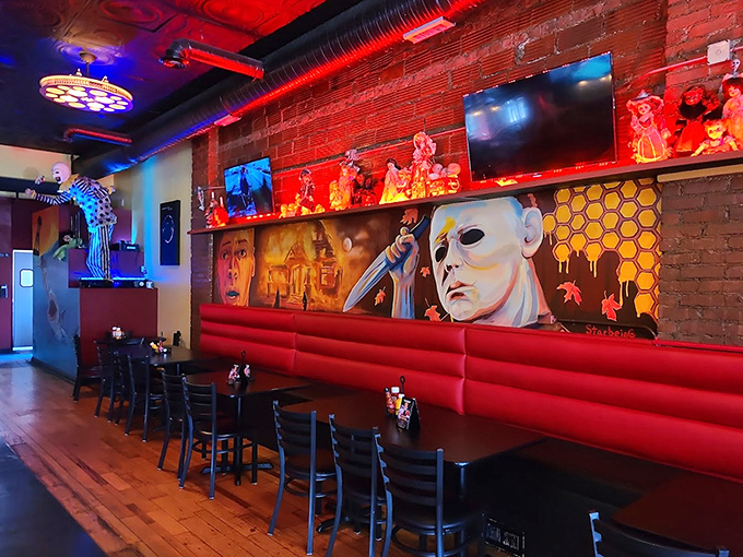 The dining room's dramatic lighting and horror-themed murals create an ambiance that's immersive without being intimidating&mdash;like being on a movie set where the food steals the show.