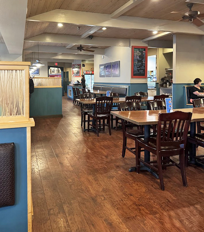 The dining room feels like the galley of a particularly stylish ship, where nautical dreams and seafood realities happily coexist.